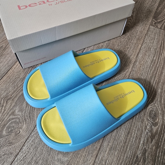 J Slides | Shoes | J Slides Beach Squish Slides Turquoise Yellow | Poshmark
